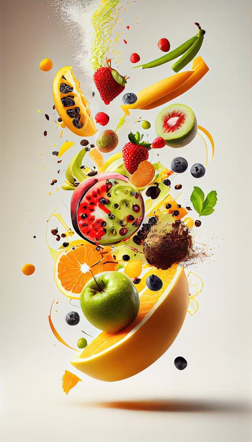 Group of Colorful Assorted Fruits Creatively Falling-Dripping Flying or ...