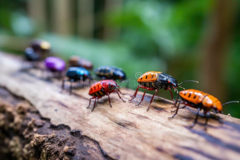 Group of Colorful Beetles on a Wooden Log Stock Illustration ...