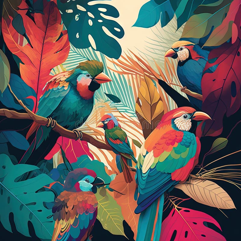 A Group of Colorful Birds Sitting on Top of a Tree Branch Stock ...