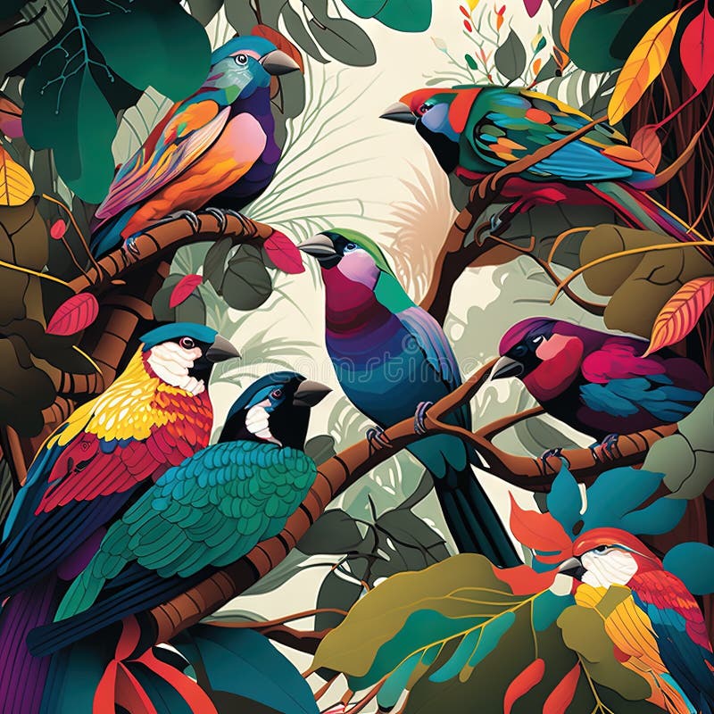 A Group of Colorful Birds Sitting on Top of a Tree Branch Stock ...