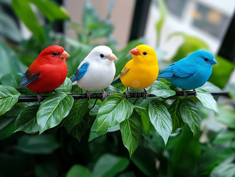 A Group of Colorful Birds Sitting on Top of a Tree Branch Stock Photo ...