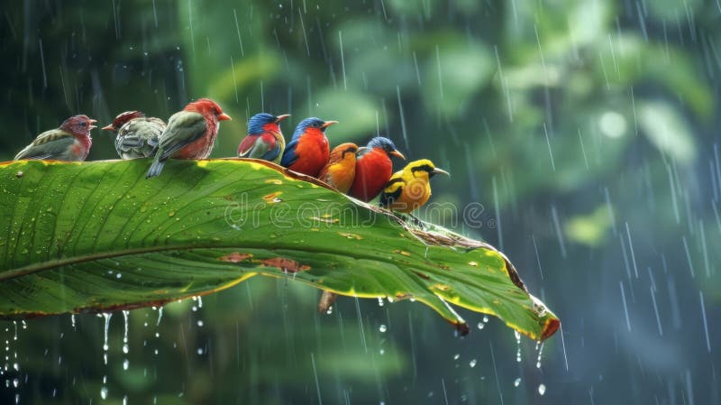 A Group of Colorful Birds Taking Shelter Under a Large Leaf during a ...
