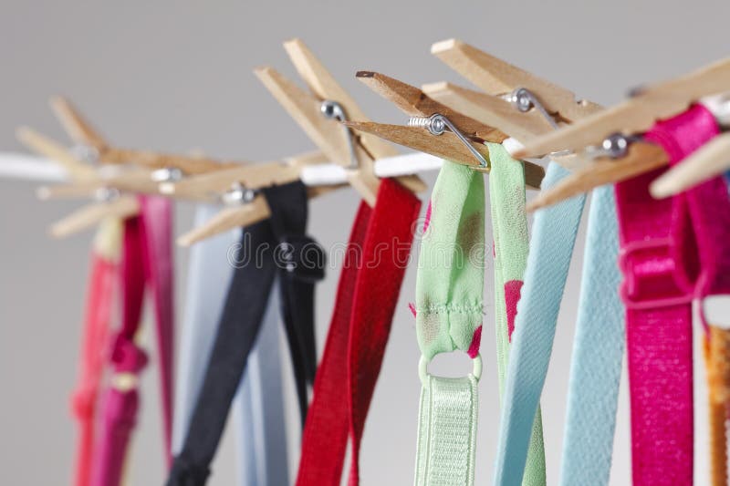 Numerous Colorful Bras are Hung on a Close Line in a Studio Environment ...