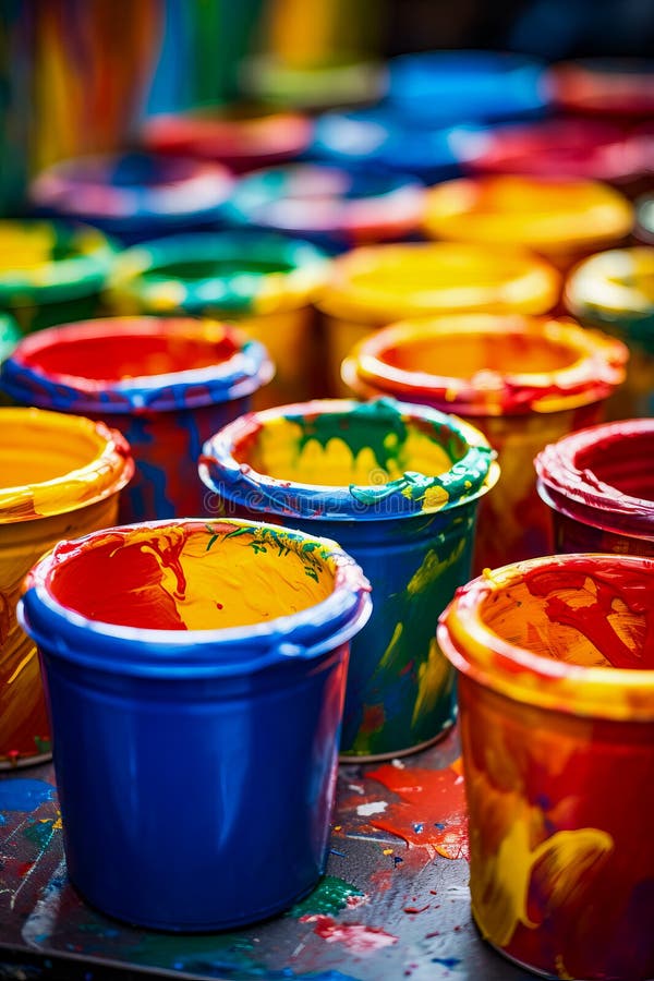 Group of Colorful Buckets with Paint on Them Sitting on Table ...