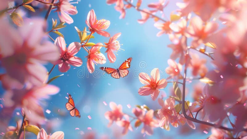 A Group of Colorful Butterflies Fluttering Around a Tree Trunk Stock ...