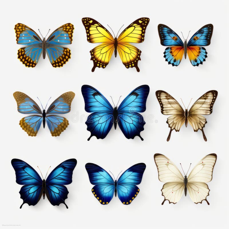 Colorful Butterfly Collection: Hyper-realistic Illustrations on White ...