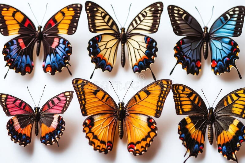 A Group of Colorful Butterflies Sit on a White Surface, Their Delicate ...
