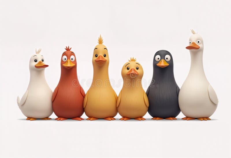 A Group of Colorful Cartoon Ducks with Expressive Faces Standing on a ...