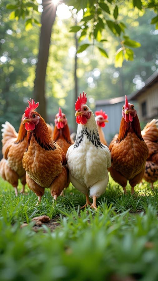 Group of Colorful Chickens in a Lush Green Farm Setting on a Sunny Day ...
