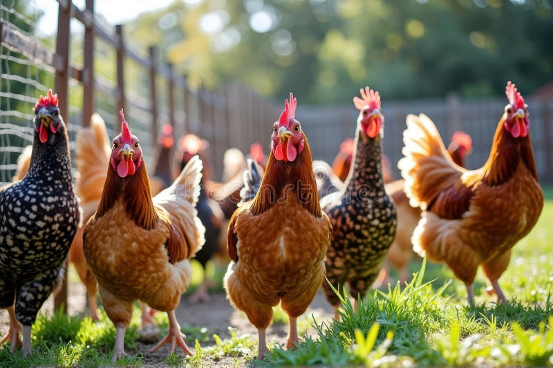 Group Colorful Chickens Sunlit Farmyard Setting Stock Photos - Free ...