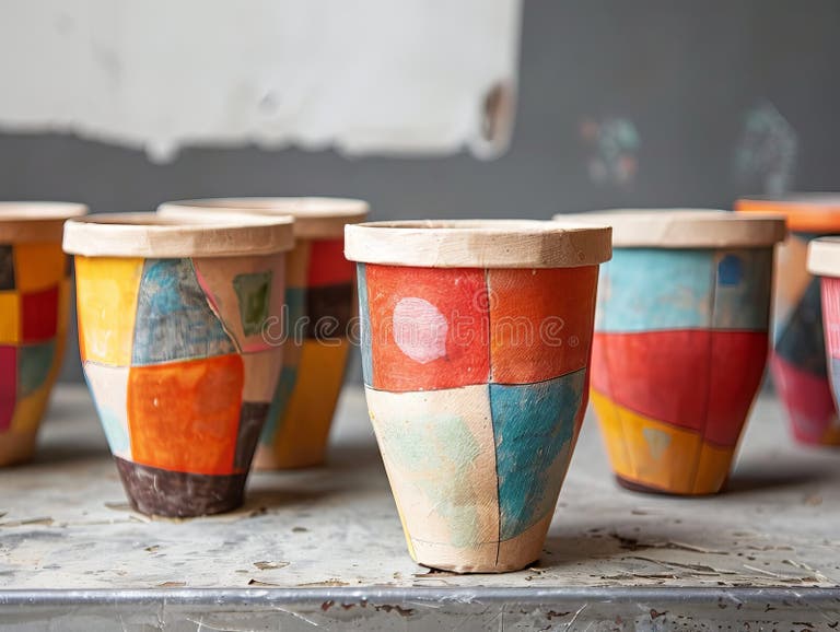 A Group of Colorful Clay Pots on a Table Stock Image - Image of paper ...