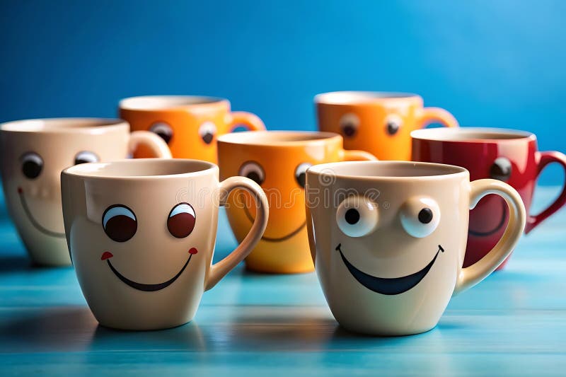 A Group of Colorful Coffee Mugs with Smiley Faces on a Blue Background ...