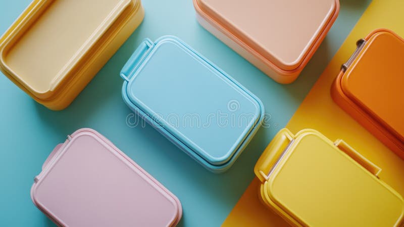 Group Colorful Containers Arranged Blue Yellow Surface Stock Photos ...