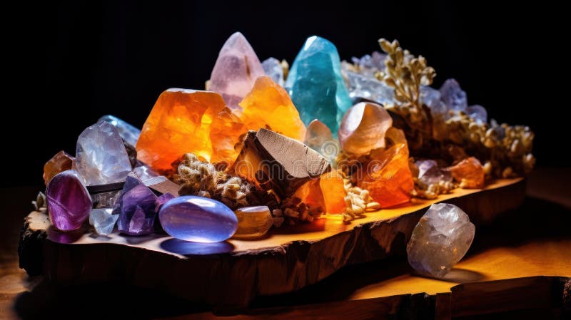 A Group of Colorful Crystals on a Wood Surface Stock Illustration ...