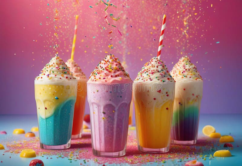 A Group of Colorful Drinks with Bubbles and Sprinkles Stock ...