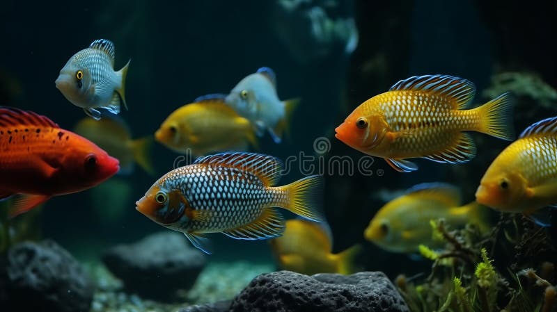 Group of Colorful Fish Swimming in an Aquarium. Generative AI Stock ...