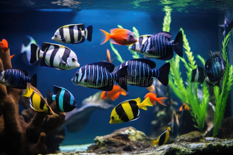 A Group of Colorful Fish Swimming Together with One Black Fish Alone ...