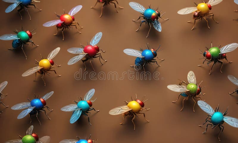 A Group of Colorful Flies are Arranged on a Brown Surface. Stock ...