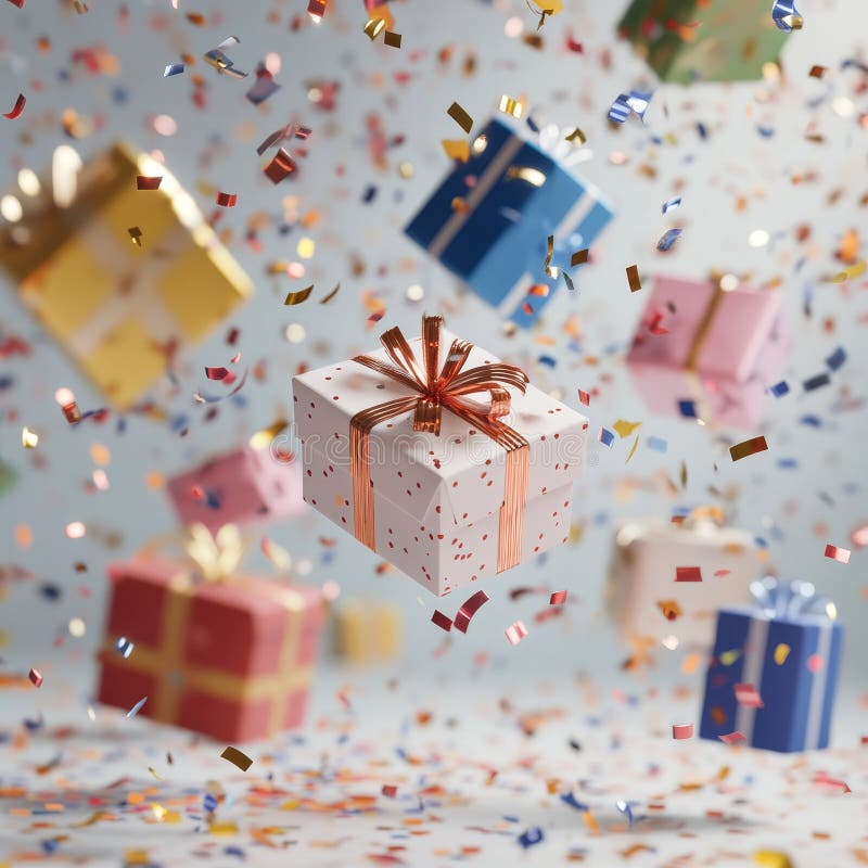 A Group of Colorful Gift Boxes Falling in a Flurry of Confetti ...