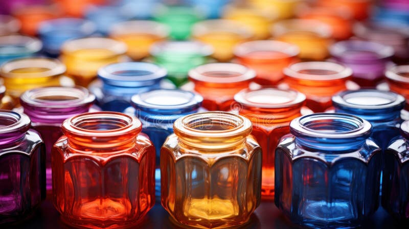 A Group of Colorful Glass Jars are Lined Up on a Table, AI Stock Photo ...
