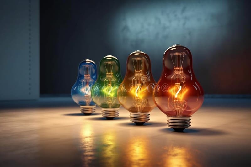 Group of Colorful Glowing Light Bulbs Arranged in Line Stock Photo ...