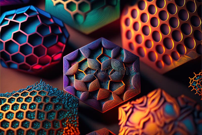 A Group of Colorful Hexagonal Objects with a Black Background and a Red ...