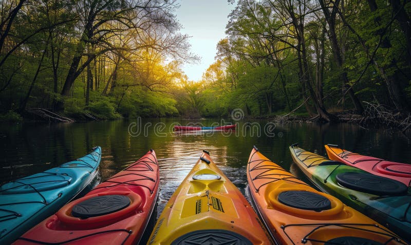 A Group of Colorful Kayaks Drifting Down a Spring River Stock Photo ...