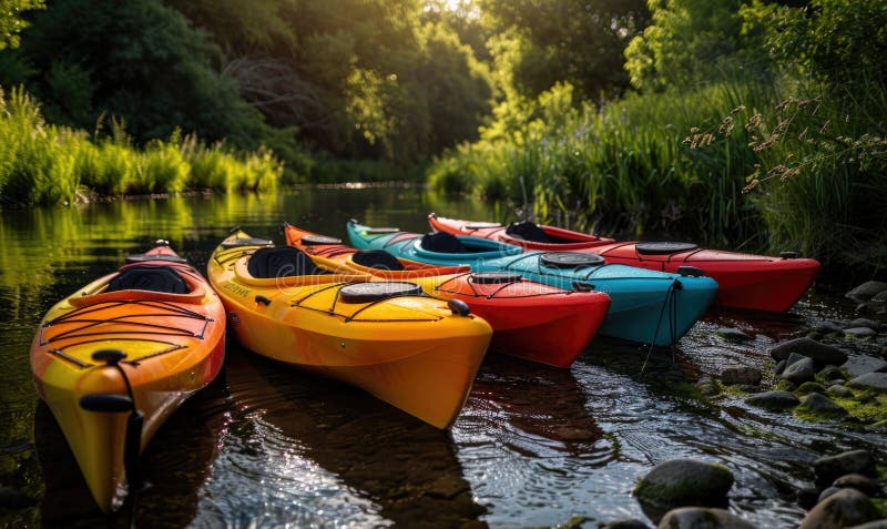 A Group of Colorful Kayaks Drifting Down a Spring River Stock Image ...