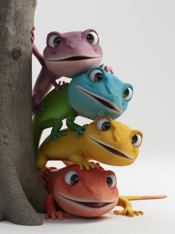A Group of Colorful Lizard Creatures are Standing Next To a Tree, AI ...