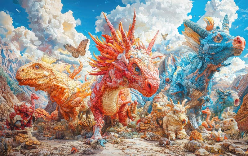 A Group of Colorful Mythical Creatures Walk through a Fantasy World ...