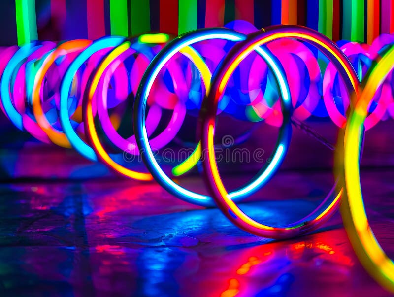A Group of Colorful Neon Rings Sitting on Top of a Table Stock Photo ...