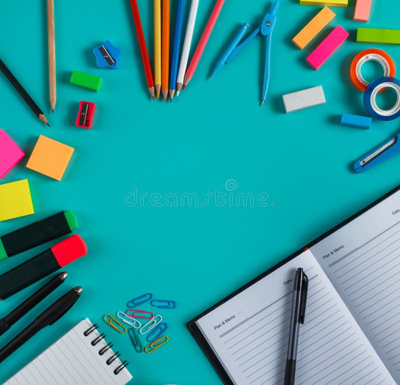 Group of Colorful Office Tools Stock Photo - Image of compass, note ...