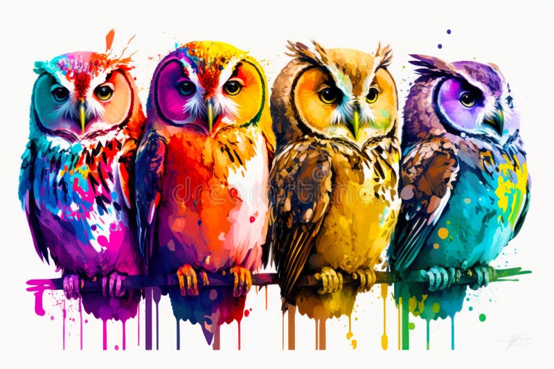 Group of Colorful Owls Sitting on Top of Tree Branch in Front of White ...
