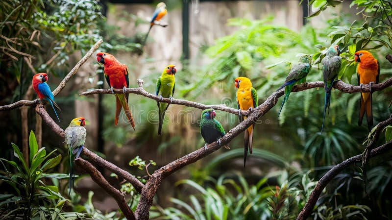 A Group of Colorful Parrots Perched on Branches in a Lush Green ...