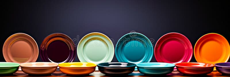 Group of Colorful Plates Sitting on Top of Wooden Table. Generative AI ...