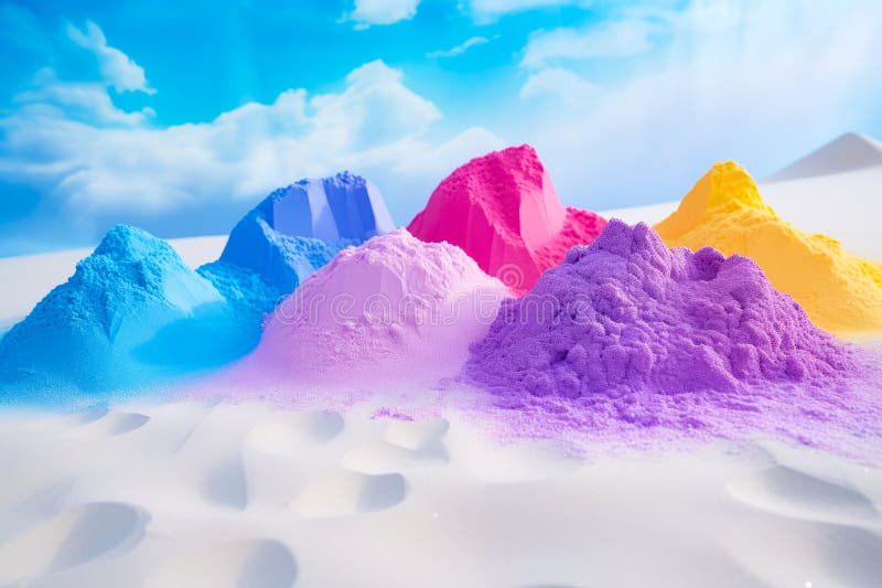Group of Colorful Powdered Objects in the Snow with Blue Sky in the ...
