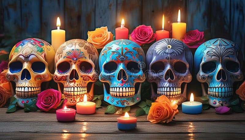 A Group of Colorful Skulls with Roses of Different Colors Stock ...