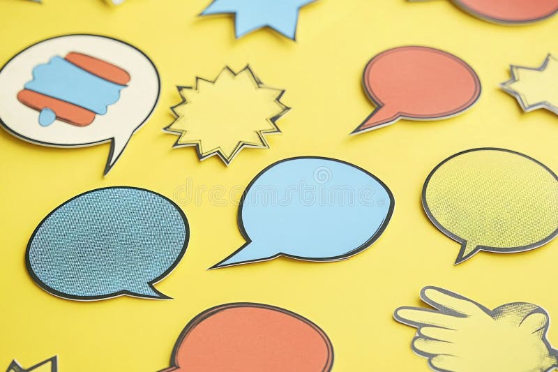 A Group of Colorful Speech Bubbles on a Bright Yellow Background Stock ...