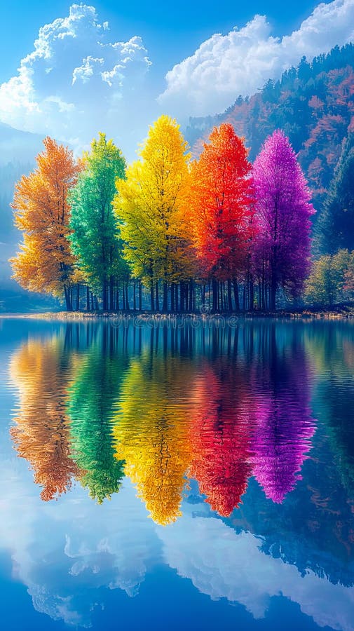 A Group of Colorful Trees Reflected in a Lake Stock Image - Image of ...