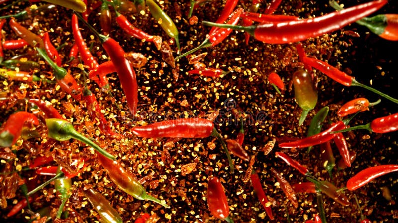 Group of Coloured Chilli Peppers Flying on Black Background Stock Image ...