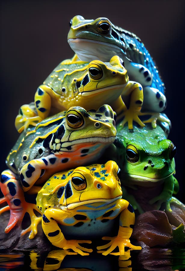 A Group of Colourful Frogs Stack on a Black Background, Close-up. AI ...