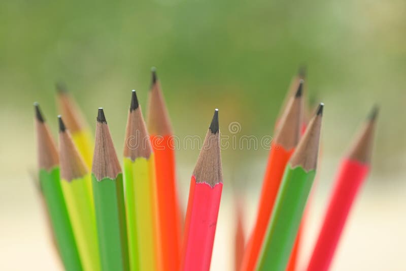 Group of Colourful Sharp Pencil on Blur Green Nature Background with ...