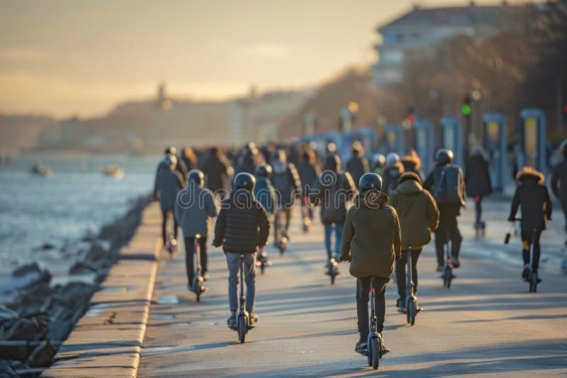 A Group of Commuters Riding Electric Scooters Along a Scenic Waterfront ...