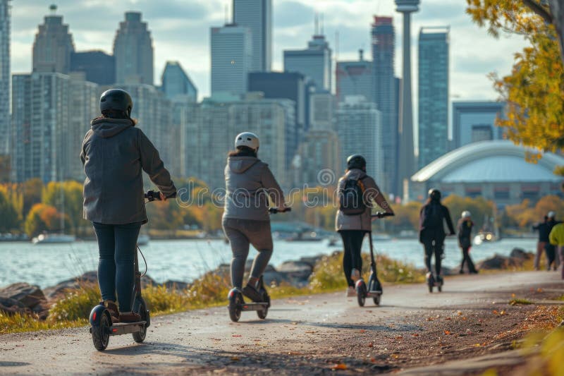 A Group of Commuters Riding Electric Scooters Along a Scenic Waterfront ...