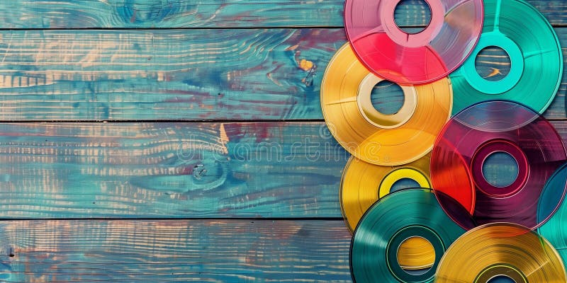 A Group of Compact Discs on a Blue Wood Background. Generative AI Stock ...