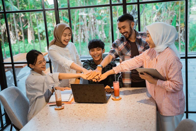 Group of Compact Students with Hand Gestures Symbol of Unity Stock ...
