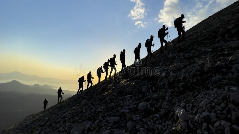 Group of Compatible Friends Climbers Hiking To the Summit at Sunrise ...