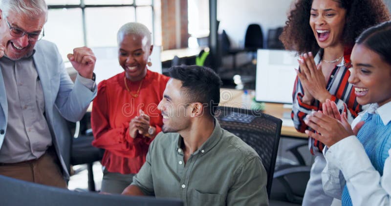 Group, Computer and Business People with Celebration, Applause and High ...