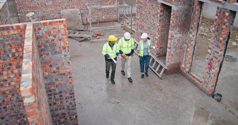 Group, Construction Site and Walking with Checklist for Inspection or ...