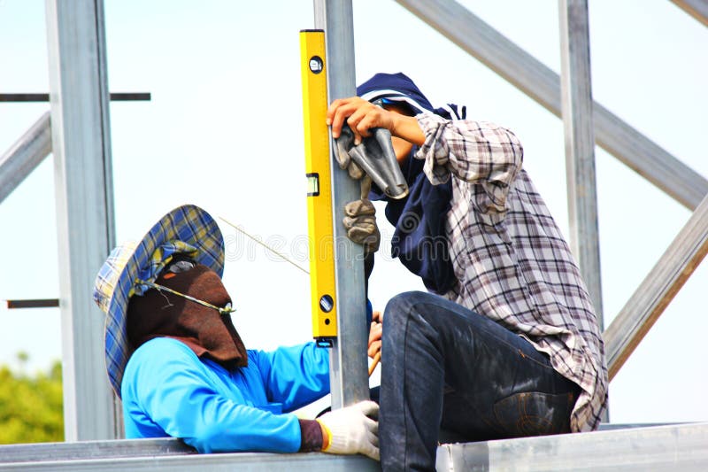 Group of Construction Worker Checking Install Steel Structure Stock ...